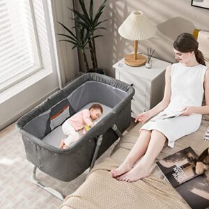 HONEY JOY Baby Bassinet, 2 in 1 Rocking Cradle Bassinet & Bedside Sleeper Bassinet, Quick-Fold Newborn Portable Bassinet w/Canopy & Mattress, Carry Bag, Travel Bassinet for Infant Girls Boys (Gray)