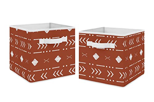 Sweet Jojo Designs Rust White Boho Tribal Mudcloth Foldable Fabric Storage Cube Bins Boxes Organizer Toys Kid Baby Childrens Set of 2 Orange Woodland Bohemian Southwest Geometric Arrow Aztec Mud Cloth