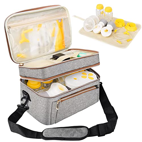 Breast Pump Bag, Wearable Breastfeeding Pump Bag Adjustable Velcro Compatible with Breast Pumps for Momcozy, Medela, Lansinoh, Elvie, Willow, 2 Layer Breast Pump Carrying Case with Widen Straps