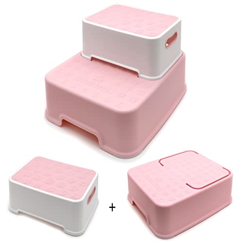 HTTMT- Pink Kid,Baby,Toddler Double Up 2 Step Stool Anti-Slip Sturdy Two Step Stool For Potty Training, Bathroom, Kitchen, Toilet Stools, Nursery Furniture [P/N : ET-BABY008-PINK]