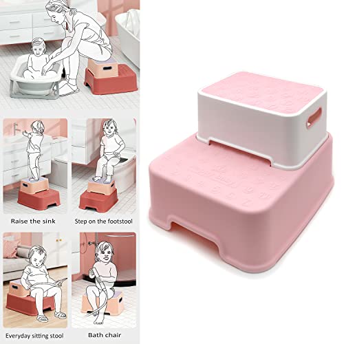 HTTMT- Pink Kid,Baby,Toddler Double Up 2 Step Stool Anti-Slip Sturdy Two Step Stool For Potty Training, Bathroom, Kitchen, Toilet Stools, Nursery Furniture [P/N : ET-BABY008-PINK]