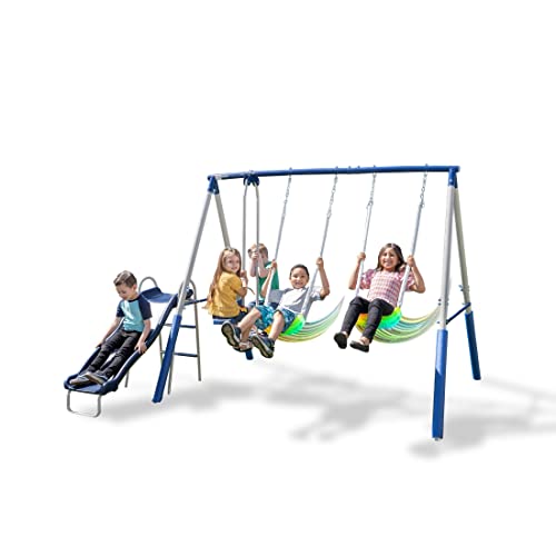 Sportspower Super Lights Metal Swing Set with LED Swing Seats, 2 Person Glider and 5ft Slide, 500lb Capacity, Light Grey and Blue