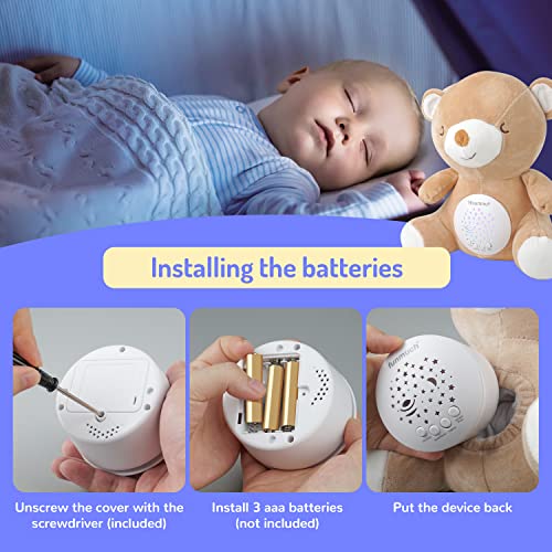 Baby Soother - Sleep Soothing White Noise, Portable Night Light Projector and Melodies, Toddler Crib Lullaby Machine Sleeping Aid for Newborns and Up, Babies Stuffed Animal Plush Toy (Teddy Bear)