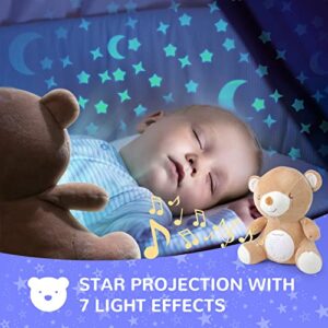 Baby Soother - Sleep Soothing White Noise, Portable Night Light Projector and Melodies, Toddler Crib Lullaby Machine Sleeping Aid for Newborns and Up, Babies Stuffed Animal Plush Toy (Teddy Bear)