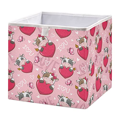 Kigai Cute Cartoon Love Cow Cube Storage Bin, Large Foldable Organizer Basket for Toys, Shelves, Laundry, Nursery -11 x 11 x 11 in