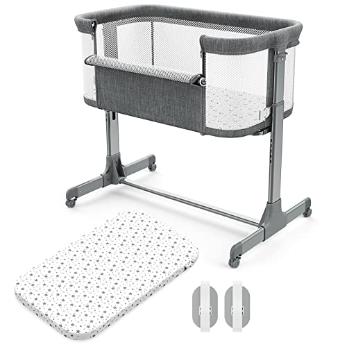 VANCLE Baby Bassinet Bedside Crib for Baby Sleeper, Portable Mesh Bassinet with Wheels & Comfy Mattress, Height Adjustable Baby Bed for Infants & Newborn Baby Boy & Girl (Grey)