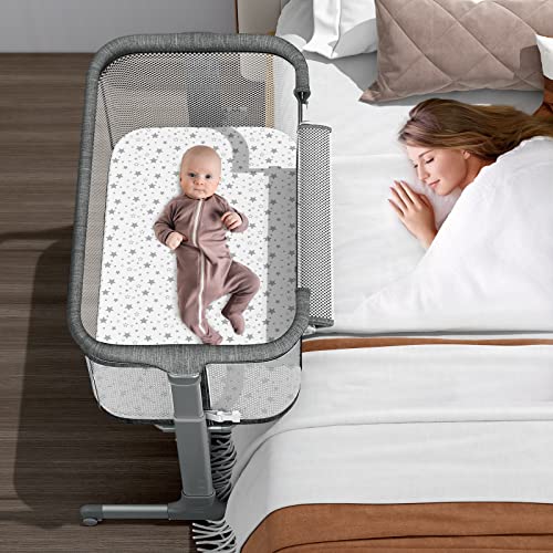 VANCLE Baby Bassinet Bedside Crib for Baby Sleeper, Portable Mesh Bassinet with Wheels & Comfy Mattress, Height Adjustable Baby Bed for Infants & Newborn Baby Boy & Girl (Grey)