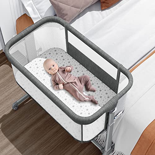 VANCLE Baby Bassinet Bedside Crib for Baby Sleeper, Portable Mesh Bassinet with Wheels & Comfy Mattress, Height Adjustable Baby Bed for Infants & Newborn Baby Boy & Girl (Grey)