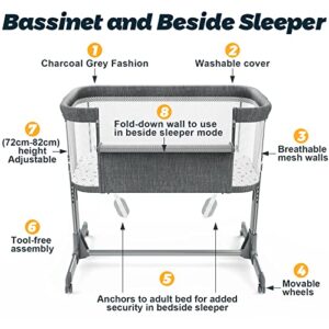 VANCLE Baby Bassinet Bedside Crib for Baby Sleeper, Portable Mesh Bassinet with Wheels & Comfy Mattress, Height Adjustable Baby Bed for Infants & Newborn Baby Boy & Girl (Grey)