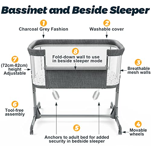 VANCLE Baby Bassinet Bedside Crib for Baby Sleeper, Portable Mesh Bassinet with Wheels & Comfy Mattress, Height Adjustable Baby Bed for Infants & Newborn Baby Boy & Girl (Grey)