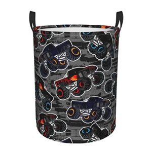 gbuzozie monster truck boys style round laundry hamper storage basket toys clothes organizer bin for home bathroom bedroom dorm nursery, 38l