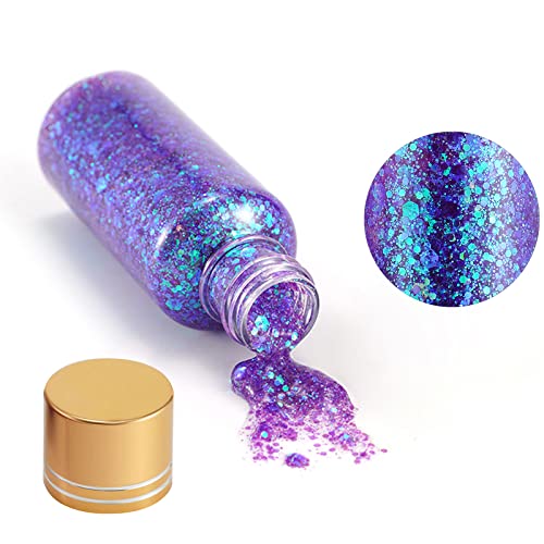 Holographic Laser Body Glitter Gel, Mermaid Sequins Face Glitter Makeup for Body, Hair, Face, Nail, Eyeshadow, Long Lasting Waterproof Party Glitter for Festival Stage Nightclubs, 1oz (Laser Blue)