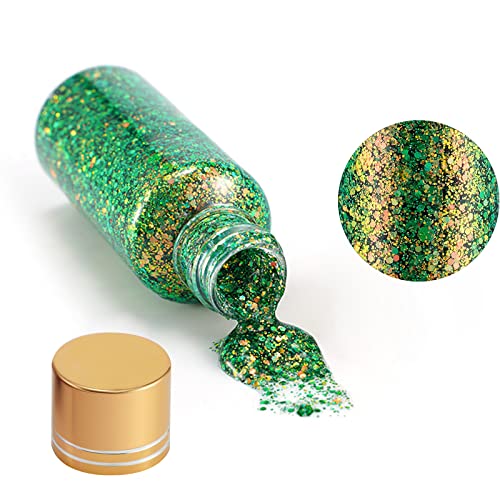 Holographic Laser Body Glitter Gel, Mermaid Sequins Face Glitter Makeup for Body, Hair, Face, Nail, Eyeshadow, Long Lasting Waterproof Party Glitter for Festival Stage Nightclubs, 1oz (Laser Green)