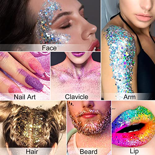 Holographic Laser Body Glitter Gel, Mermaid Sequins Face Glitter Makeup for Body, Hair, Face, Nail, Eyeshadow, Long Lasting Waterproof Party Glitter for Festival Stage Nightclubs, 1oz (Laser Blue)