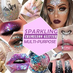 Holographic Laser Body Glitter Gel, Mermaid Sequins Face Glitter Makeup for Body, Hair, Face, Nail, Eyeshadow, Long Lasting Waterproof Party Glitter for Festival Stage Nightclubs, 1oz (Laser Green)