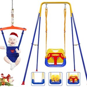 3-in-1 Toddler Swing Set and Baby Jumper, Baby Swing with Bouncers for Indoor Outdoor Play, Sturdy Safety Seat and Foldable Metal Swing Stand Easy to Assemble and Store at Home Garage