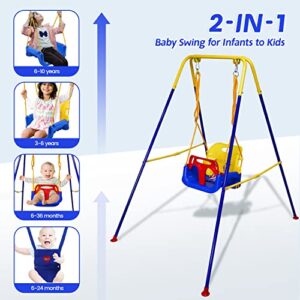 3-in-1 Toddler Swing Set and Baby Jumper, Baby Swing with Bouncers for Indoor Outdoor Play, Sturdy Safety Seat and Foldable Metal Swing Stand Easy to Assemble and Store at Home Garage