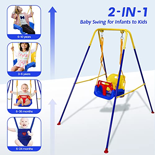 3-in-1 Toddler Swing Set and Baby Jumper, Baby Swing with Bouncers for Indoor Outdoor Play, Sturdy Safety Seat and Foldable Metal Swing Stand Easy to Assemble and Store at Home Garage