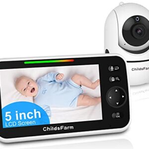 ChildsFarm Baby Monitor with Camera and Audio, 5 Inch Remote Pan-Tilt-Zoom Video Baby Monitor with Screen, No WiFi, Night Vision, 2-Way Talk, Temperature, 1000ft, 26-Hour Battery, Gift Idea