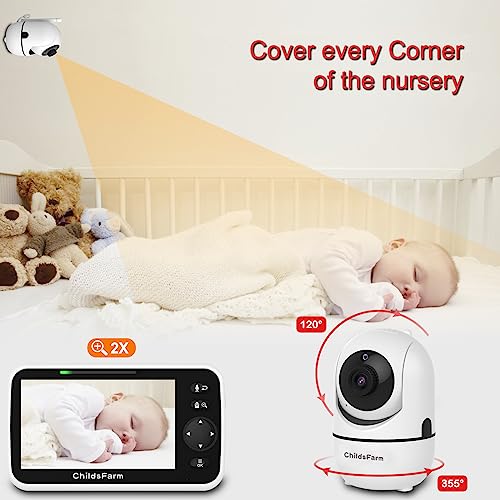 ChildsFarm Baby Monitor with Camera and Audio, 5 Inch Remote Pan-Tilt-Zoom Video Baby Monitor with Screen, No WiFi, Night Vision, 2-Way Talk, Temperature, 1000ft, 26-Hour Battery, Gift Idea