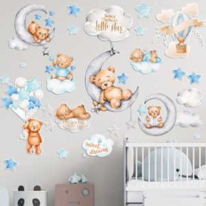 12 sheet 78 pcs bear wall decals decor, sweet dreams little one cloud balloon bear boys wall decor cute bear sleeping on the moon stars wall sticker for kids baby room nursery decor