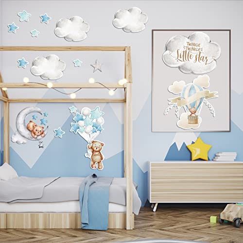 12 Sheet 78 Pcs Bear Wall Decals Decor, Sweet Dreams Little One Cloud Balloon Bear Boys Wall Decor Cute Bear Sleeping on The Moon Stars Wall Sticker for Kids Baby Room Nursery Decor