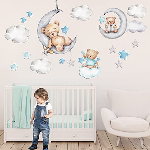 12 Sheet 78 Pcs Bear Wall Decals Decor, Sweet Dreams Little One Cloud Balloon Bear Boys Wall Decor Cute Bear Sleeping on The Moon Stars Wall Sticker for Kids Baby Room Nursery Decor