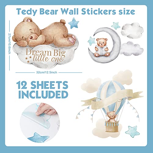 12 Sheet 78 Pcs Bear Wall Decals Decor, Sweet Dreams Little One Cloud Balloon Bear Boys Wall Decor Cute Bear Sleeping on The Moon Stars Wall Sticker for Kids Baby Room Nursery Decor