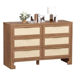 idealhouse dresser for bedroom with 6 drawers, burlap design wood drawer dresser chest of drawers for closet, living room, hallway, nursery, kids bedroom, caramel