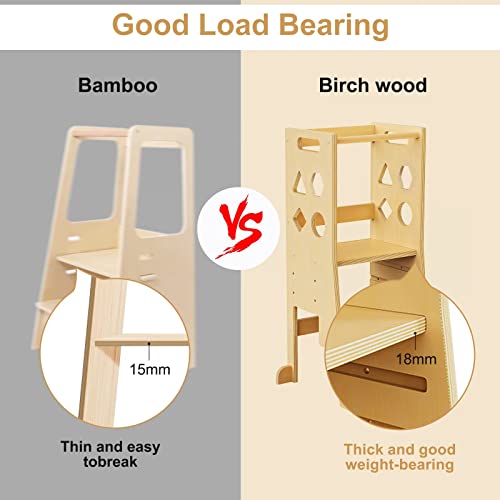 ZARKEET Wooden Toddler Standing Tower, 2 in 1 Kitchen Toddler Tower Helper Stool for Toddlers 1-3,Baby Wood Anti-Drop Safety Rail Step Stools for Bathroom & Kitchen Counter