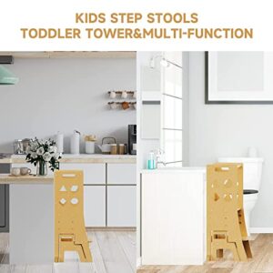 ZARKEET Wooden Toddler Standing Tower, 2 in 1 Kitchen Toddler Tower Helper Stool for Toddlers 1-3,Baby Wood Anti-Drop Safety Rail Step Stools for Bathroom & Kitchen Counter