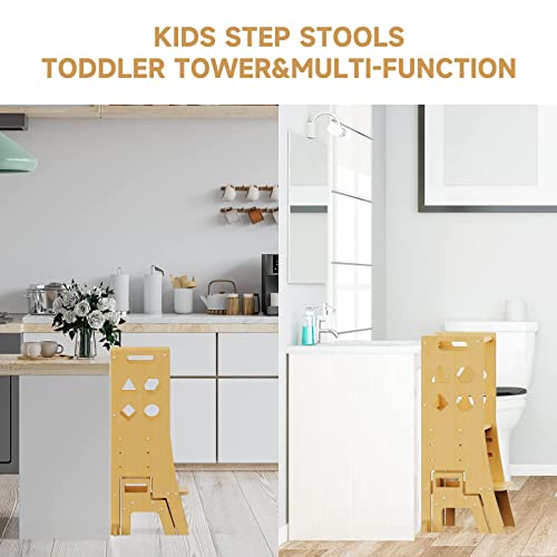 ZARKEET Wooden Toddler Standing Tower, 2 in 1 Kitchen Toddler Tower Helper Stool for Toddlers 1-3,Baby Wood Anti-Drop Safety Rail Step Stools for Bathroom & Kitchen Counter