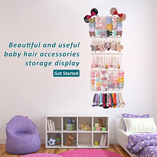 48" X 15" Headband Holder, Baby Headband Organizer w/16Pcs Cotton Ribbons, 40Pcs S Hooks, 1Pc Non-Trace Hook & 1Pc Cotton Rope, Bow Holder for Girls Hair Bows for Wall, Door or Closet