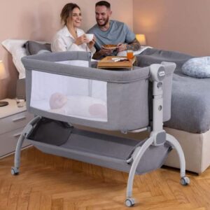 cowiewie baby bassinets with universal wheels with brakes co sleeper bassinet with storage, double-lock patent design; 7-level height adjustable, include rebound mattress