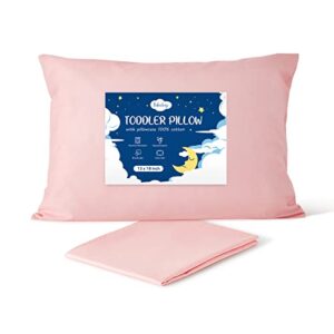 babebay toddler pillow with pillowcase, 13×18 100% cotton toddlers pillows for sleeping, machine washable kids pillows perfect for toddler bed, daycare, small pillows for toddlers, kids, girls - pink