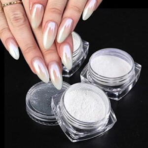 2 boxes white pearl chrome nail powder, mirror effect aurora magic pearlescent white nail powder pigment, high gloss glitter nail art, holographic ice aurora dust nail powder for manicure decorations