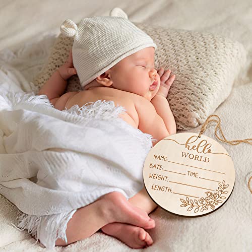 ZIEYOMI Baby Announcement Sign, Wooden Baby Name Sign for Nursery, Hello World Newborn Sign, Birth Announcement Sign for Hospital, Welcome Baby Sign Announcement Board for Photo Prop Baby Shower