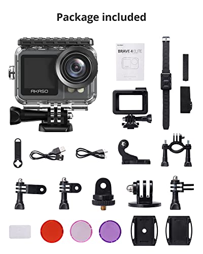 AKASO Brave 4 Elite 4K60fps 20MP Ultra HD Action Camera IPX8 33FT Underwater Camcorder Waterproof Camera with 64GB Storage, Touch Screen, Stabilization 2.0, Built-in 1650mAh Battery and Accessory Kit