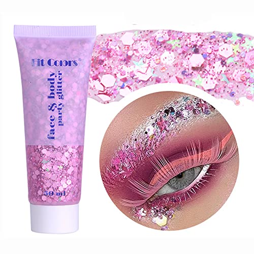 Yeweian Pink Body Face Glitter Gel, Liquid Holographic Chunky Glitter Singer Concerts Music Festival Rave Accessories, Mermaid Lip Eye Nails Hair Body Glitter Makeup, 50g