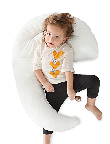 Choc chick Curve Long Toddler Kids Body Pillow for Sleeping,34x28inches Moon Shape Soft Child Hug Sleep Pillow,100% Organic Cotton Pillowcase Washable Breathable Crib Pillows