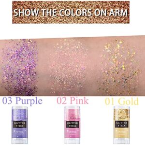 Yeweian Pink Face Body Glitter Stick, Lip Eye Nails Hair Body Glitter Gel,Singer Concerts Face Body Sequins Glitter Makeup, Mardi Gras Glitter Accessories,Chunky Holographic Face Glitter Gel for Women