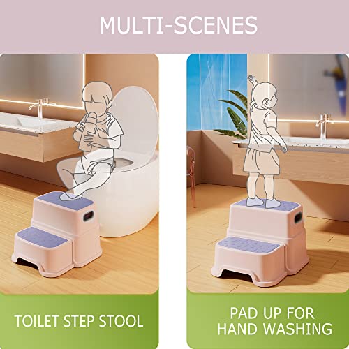 HOMKO 2 Step Kids Toddler Potty Training Step Stool for Bathroom Kitchen Sink and Toilet Anti-Slip Potty Stools, 3 in 1 Independent Stepping Stool, Pink