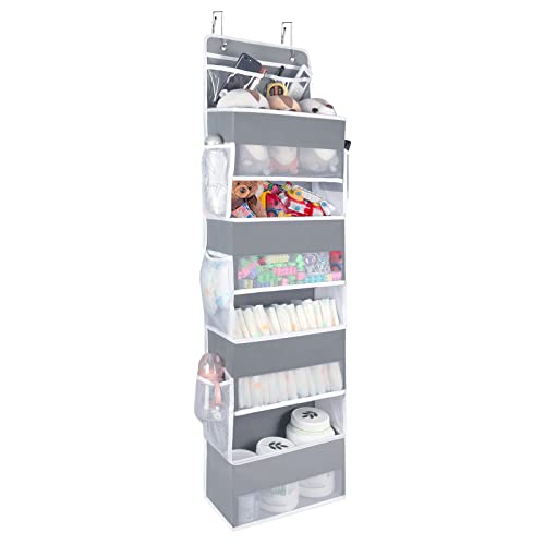 Univivi Over Door Organizers and Storage Door Hanging Organizer Nursery Closet Cabinet Baby Storage with 4 Large Compartments 2 Small PVC Pockets 6 Side Pockets for Cosmetics, Toys and Sundries (Grey)