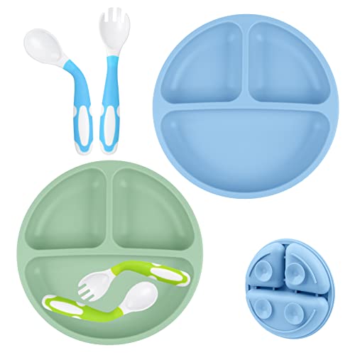 Vicloon Toddler Plates, 2 Pcs Silicone Baby Plates, BPA Free Suction Plates with 2 Pcs Baby Bendable Spoons, Suction Plate Feature, Divided Plate Design,Toddler Plate Microwave & Dishwasher Safe