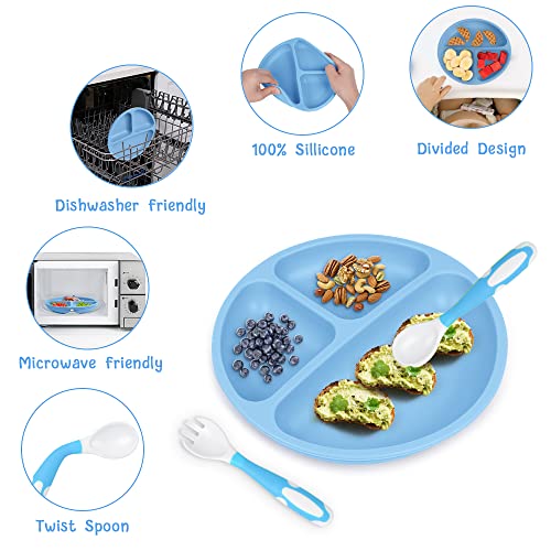 Vicloon Toddler Plates, 2 Pcs Silicone Baby Plates, BPA Free Suction Plates with 2 Pcs Baby Bendable Spoons, Suction Plate Feature, Divided Plate Design,Toddler Plate Microwave & Dishwasher Safe