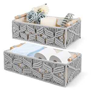 macrame storage basket boho decor bathroom baskets for organizing, toilet tank basket for bathroom woven decor basket with handle bedroom nursery living room entryway (grey)