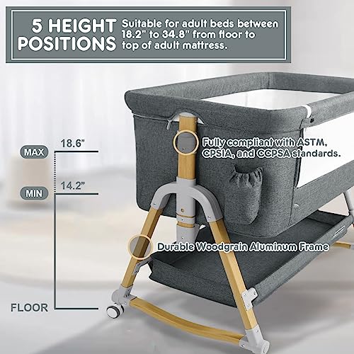 HARPPA Baby Bassinet Bedside Sleeper (Diaper Changing Station + Mosquito Net Included), Adjustable Bedside Crib with Storage, Converts to Cradle and Cosleeper, Portable, Easy Folding. Grey