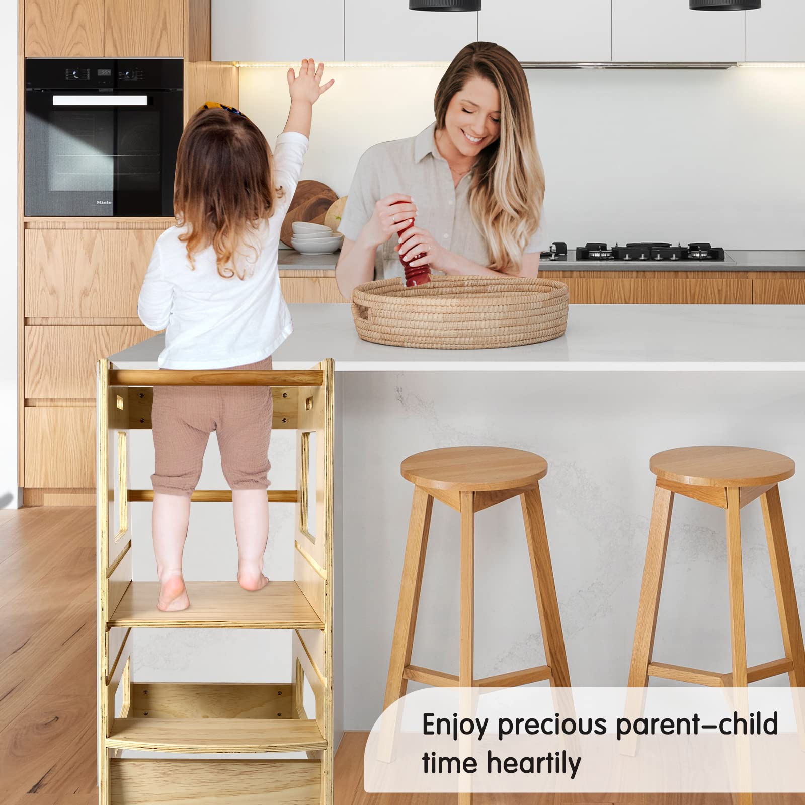 ECOMEX Toddler Standing Tower Kitchen Step Stool for Kid's Adjustable Height Learning Stool, Toddler Kitchen Stool Helper Removable Anti-Drop Safety Rail Stool for Bedroom, Bathroom, Natural