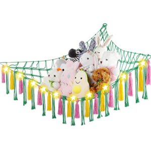 fairybird stuffed animal net or hammock with wool tassel, macrame stuffed animal storage organizer, hanging toy hammock for stuffed animals or plushies, corner toy storage holder for bedroom