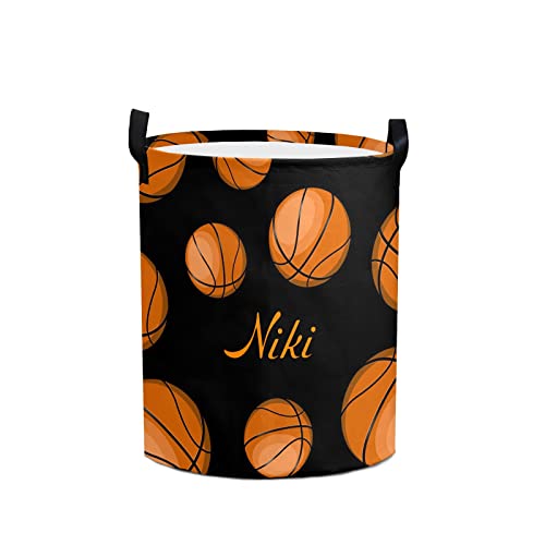 Basketballs Pattern Round Storage Basket Personalized Name Laundry Basket Waterproof Nursery Hamper with Handle for Living Room Bedroom and Clothes